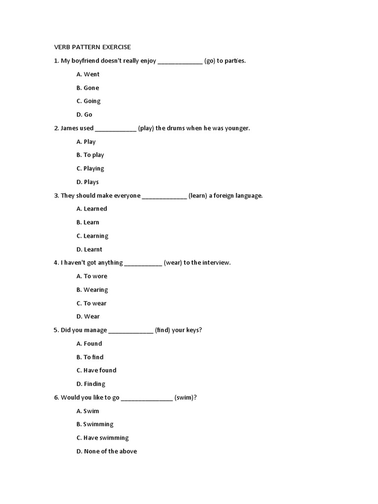 English Verb Patterns Quiz | PDF | Language Arts & Discipline