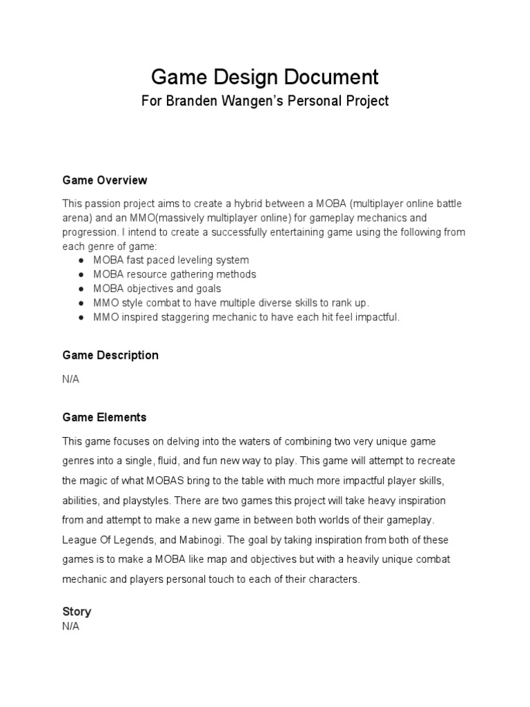 Game Design Document Personal Project | PDF | Video Game Design | Video ... Game Design Document Personal Project | PDF | Video Game Design | Video ...
