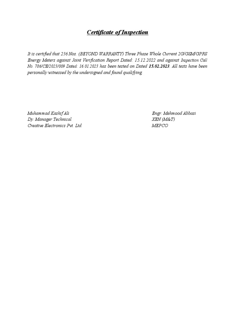 Certificate of Inspection | PDF