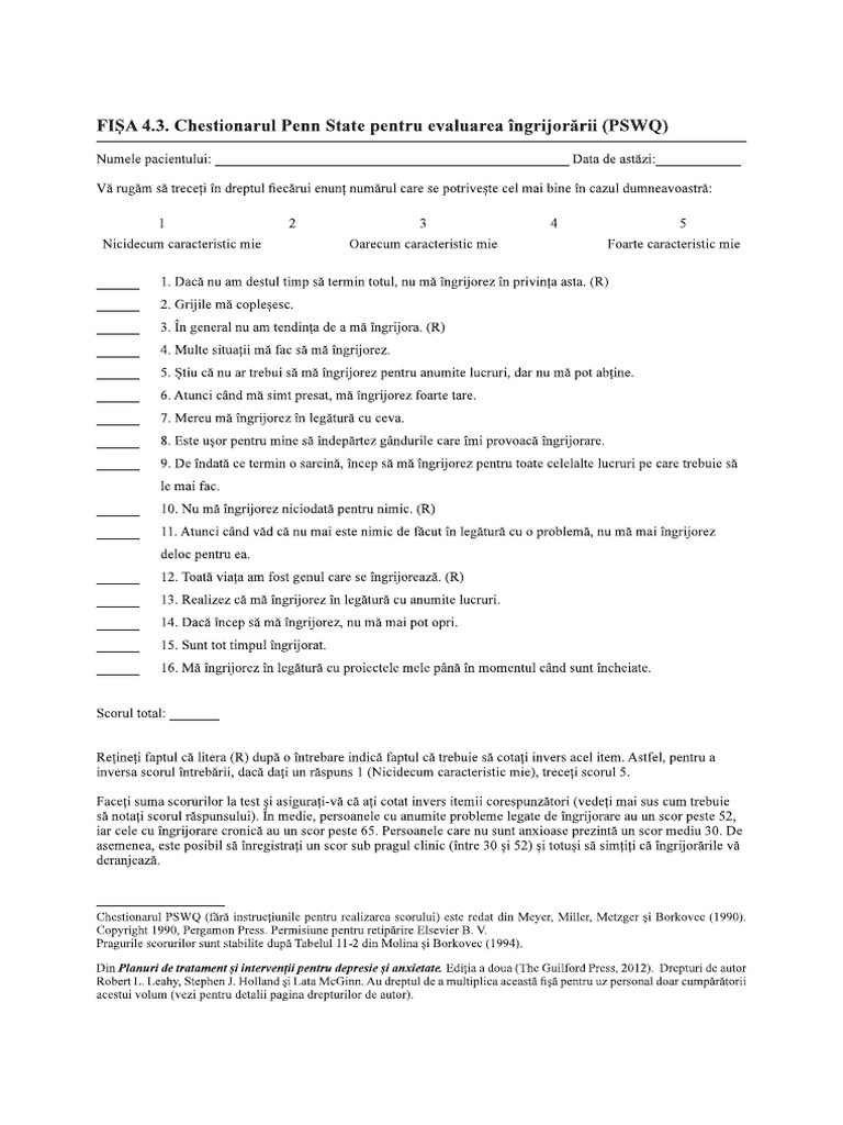 Penn State Chestionar Ingrijorari PDF | PDF