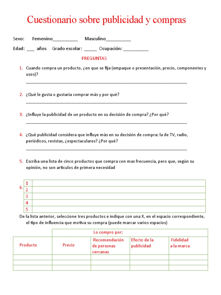 Cuestionario Sobre Publicidad y Compras | PDF