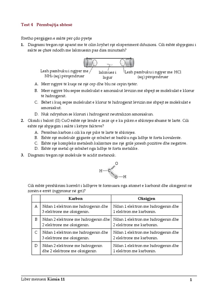 4d. Test Permbajtja Shtese Kimia 11 | PDF