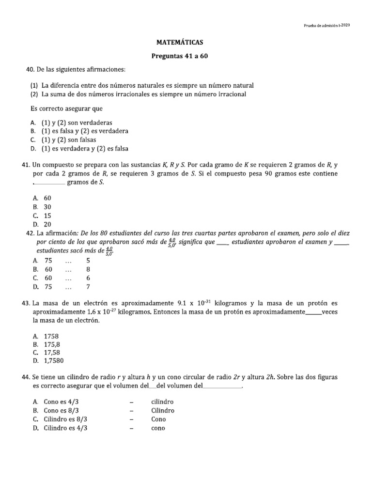 Examen Unal 2020-1 Matematicas | PDF