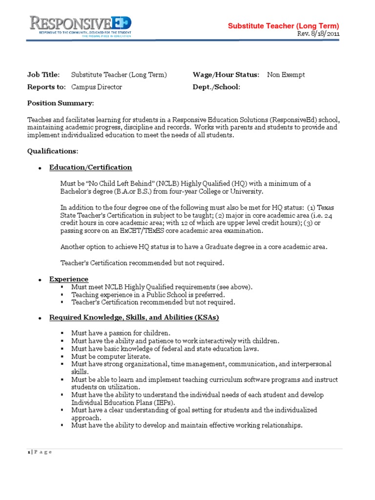 Substitute Teacher Job Description - Long Term Rev 8-17-2011 | PDF