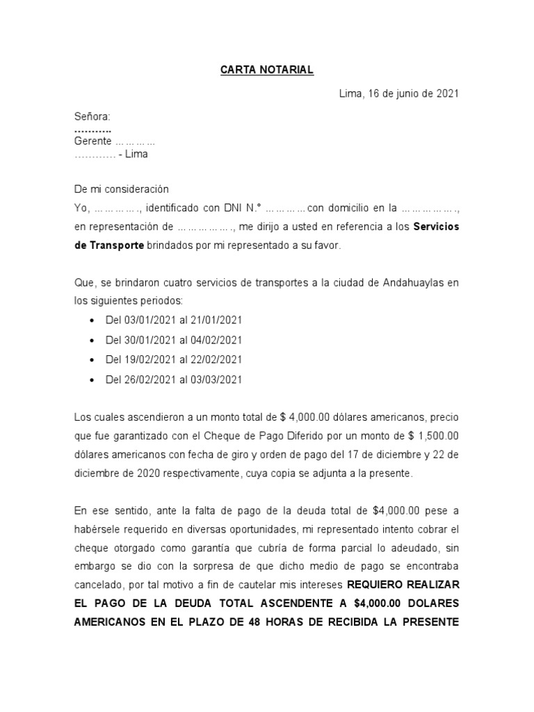 Carta Notarial Cobro de Deuda | PDF
