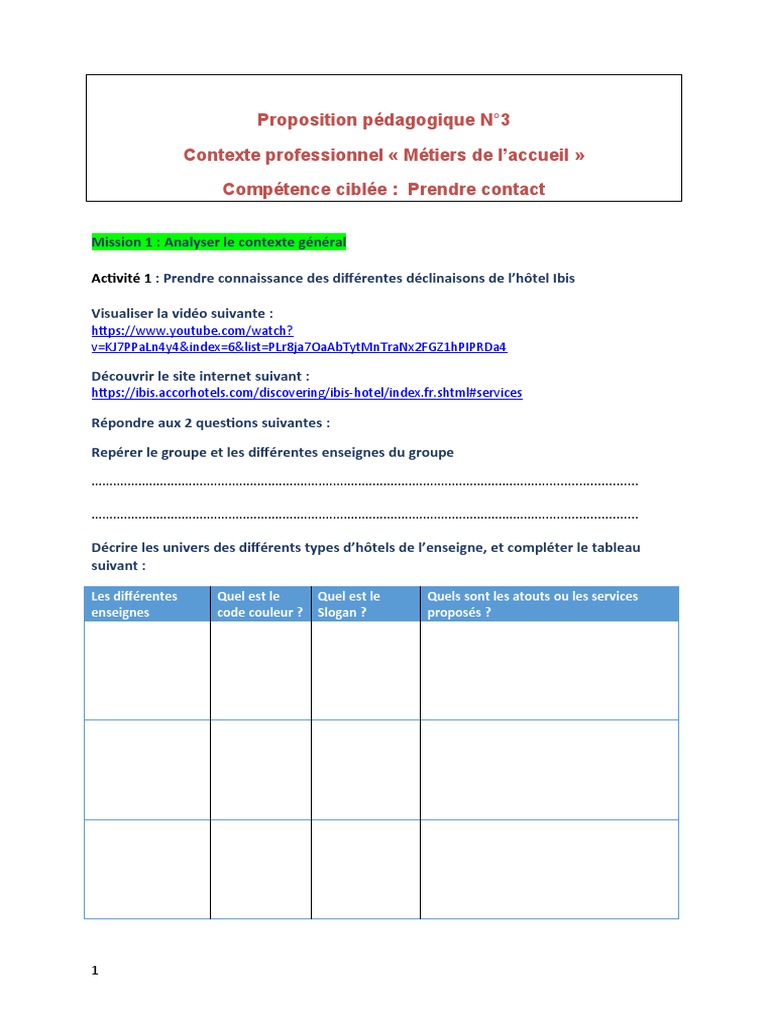 Proposition Pe Dagogique 3 Ibis - Prise de Contact - Version e Le Ve ...