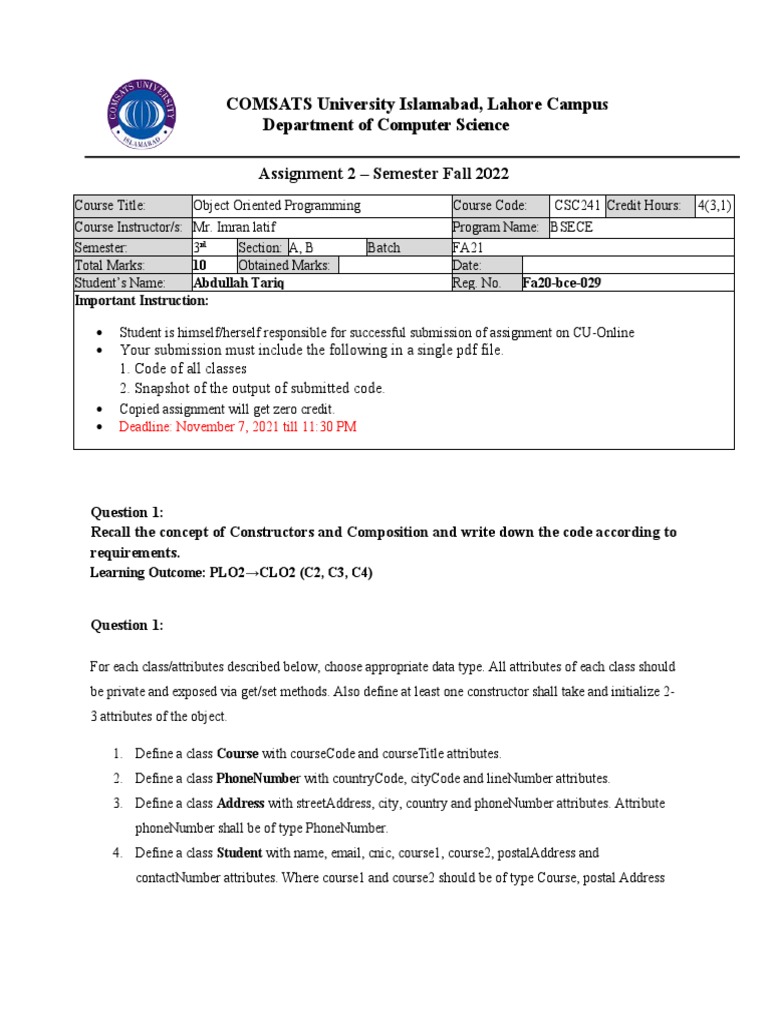 Object Oriented Programming Assignment on Defining Classes for Student ... Object Oriented Programming Assignment on Defining Classes for Student ...