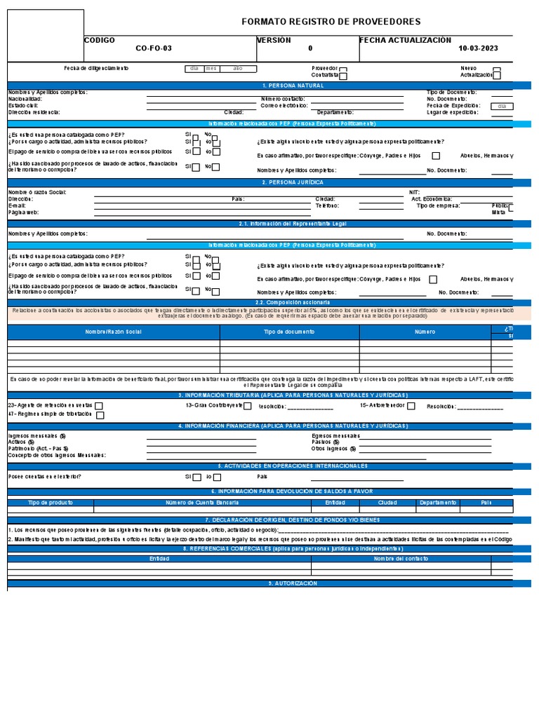 CO-FO-03 FORMATO REGISTRO DE PROVEEDORES.xlsx | PDF