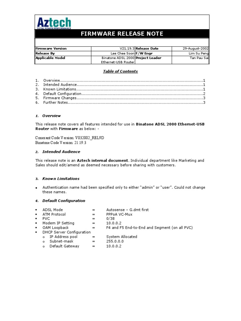 Binatone Firmware v21.19.3 Release Note | PDF | Ip Address | Usb