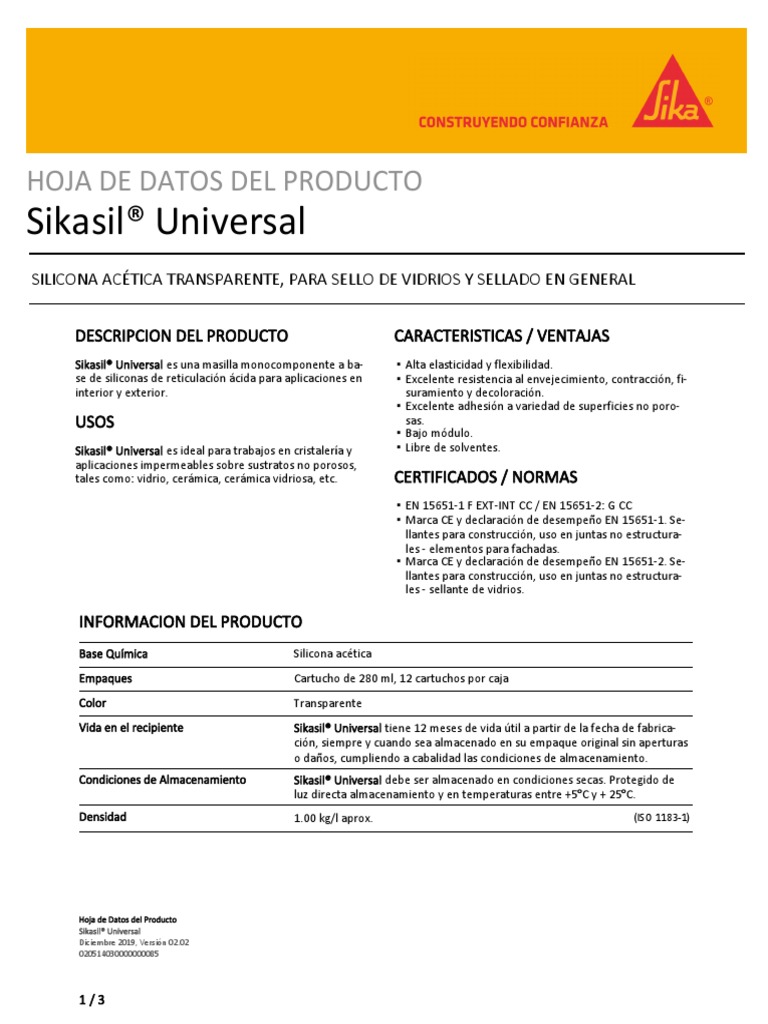 FICHA TECNICA Sikasil - Universal PDF | PDF | Silicona | Lentes