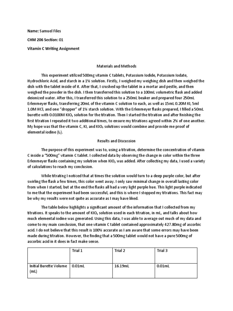 Vitamin C Lab Report | PDF | Titration | Chemistry