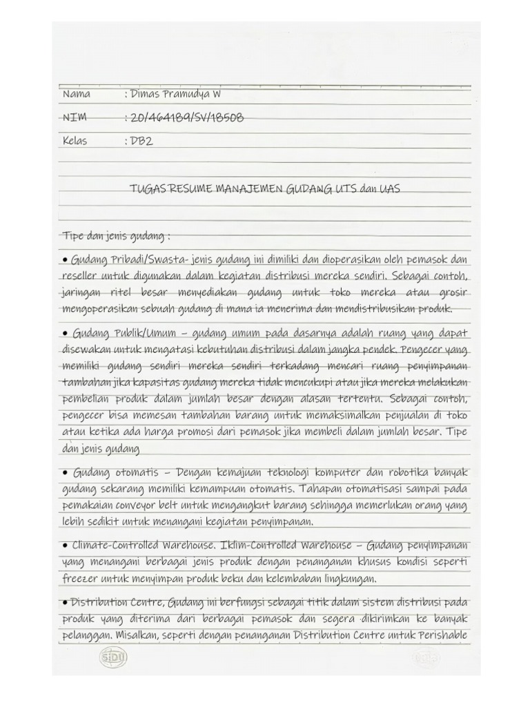 Dimas Pramudya W - 18508 - DB2 - Tugas Resume Manajemen Gudang PDF | PDF Dimas Pramudya W - 18508 - DB2 - Tugas Resume Manajemen Gudang PDF | PDF