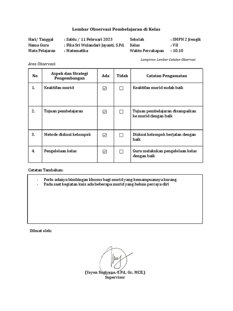 2_Lembar Observasi Pembelajaran di Kelas.pdf | PDF
