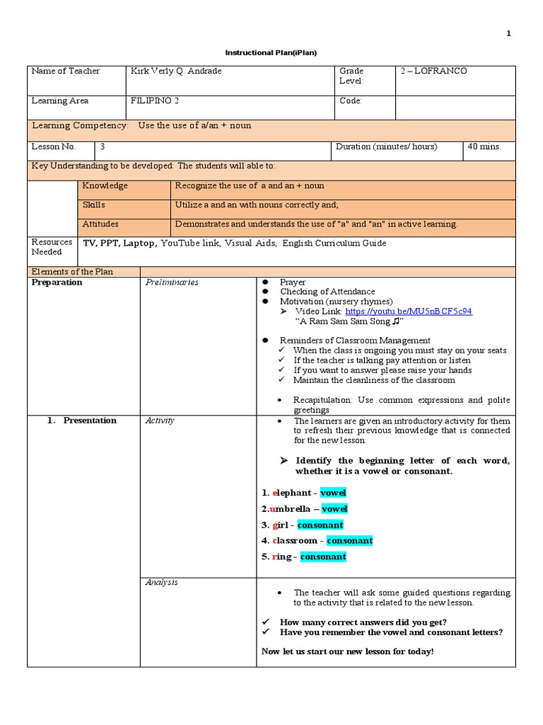 Final - English 1 Using A and An Lesson Plan - Remeticado | PDF ...