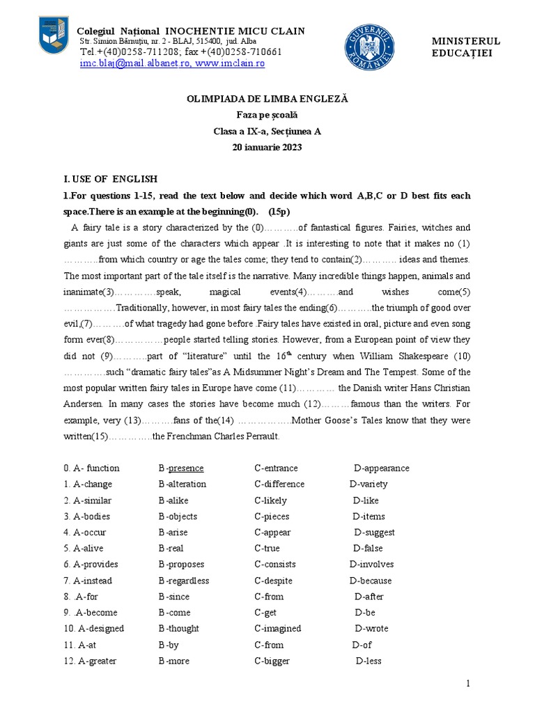 3 Subiect, Barem OL EN IX A Scoala2019 PT 2023 | PDF