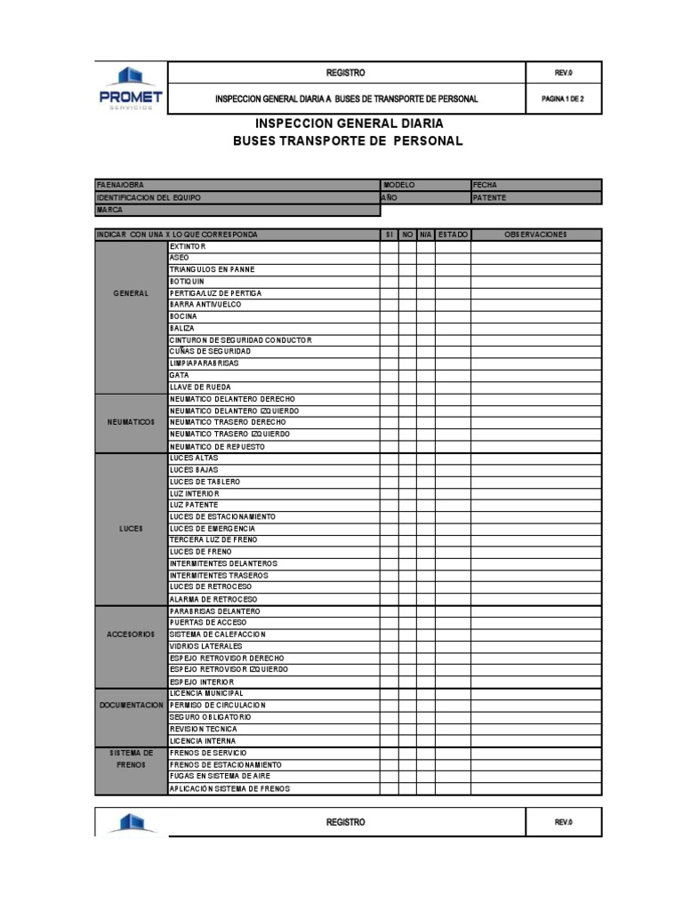 24 Formato Inspeccion Diaria Buses Rev 0 | PDF | Neumático | Estilos de ...