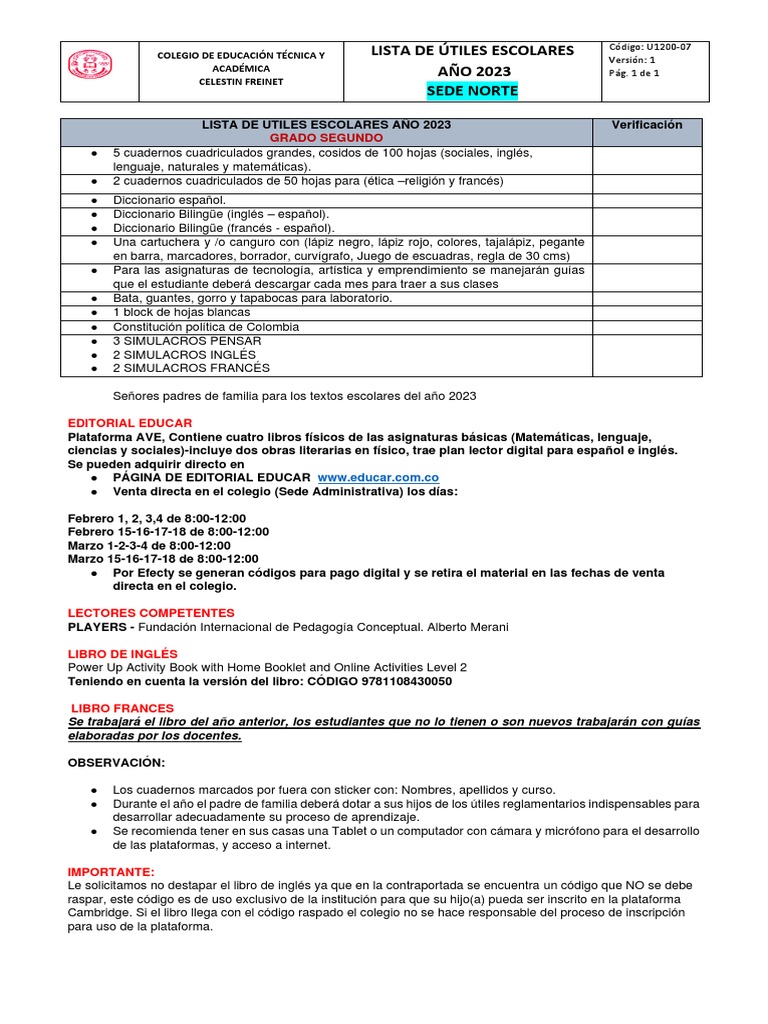 Listas Escolares 2023 2° A 5° Norte | PDF | Publicación