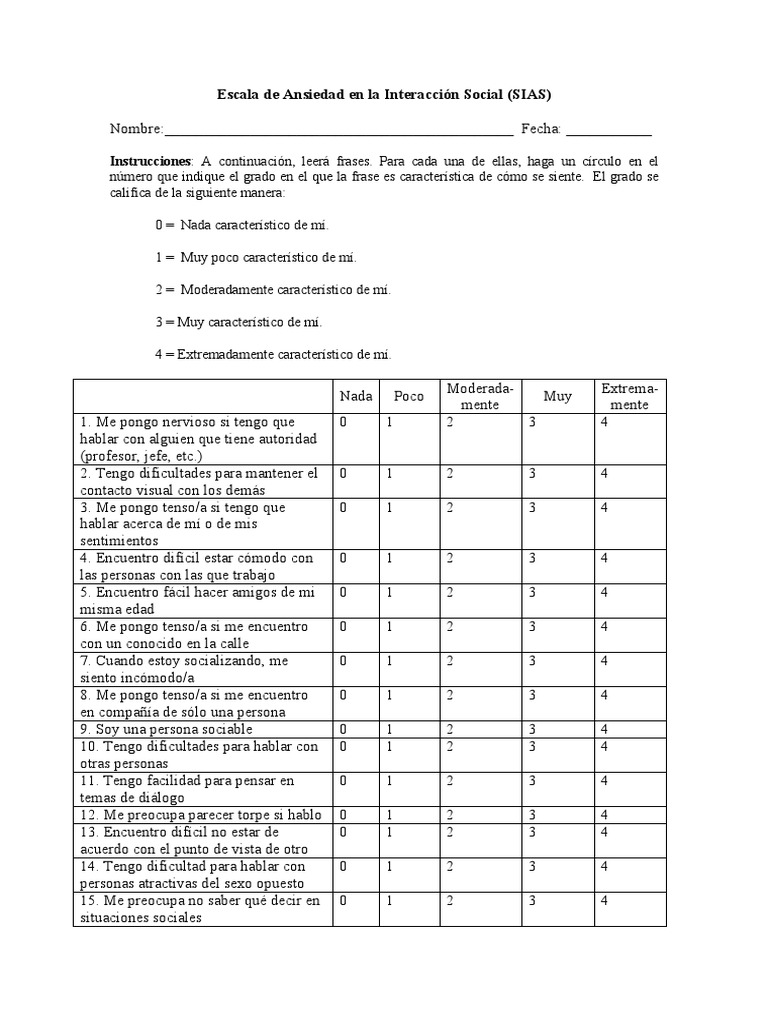 Test SIAS Escala de Ansiedad en La Interacción Social | PDF | Trastorno ...