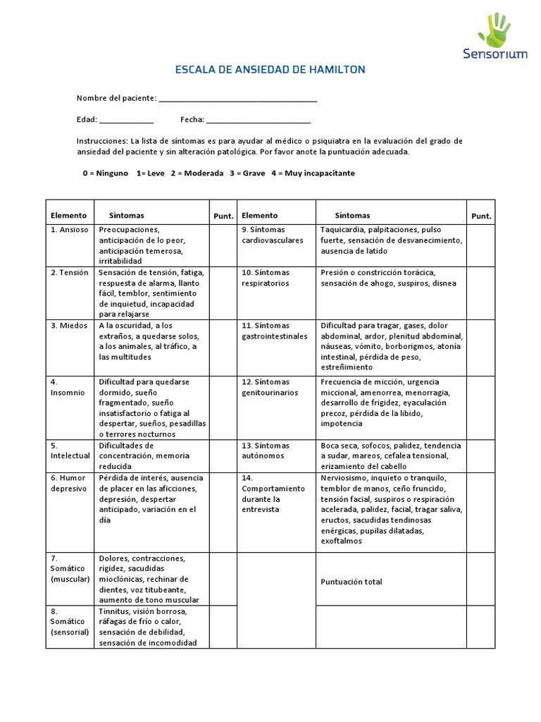 Escala de Ansiedad de Hamilton PDF | PDF | Ansiedad | Depresión (estado ...