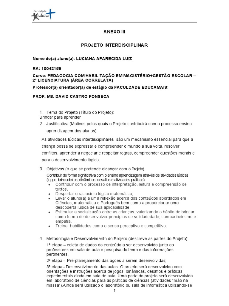 Projeto Interdisciplinar | PDF | Aprendizado | Pedagogia