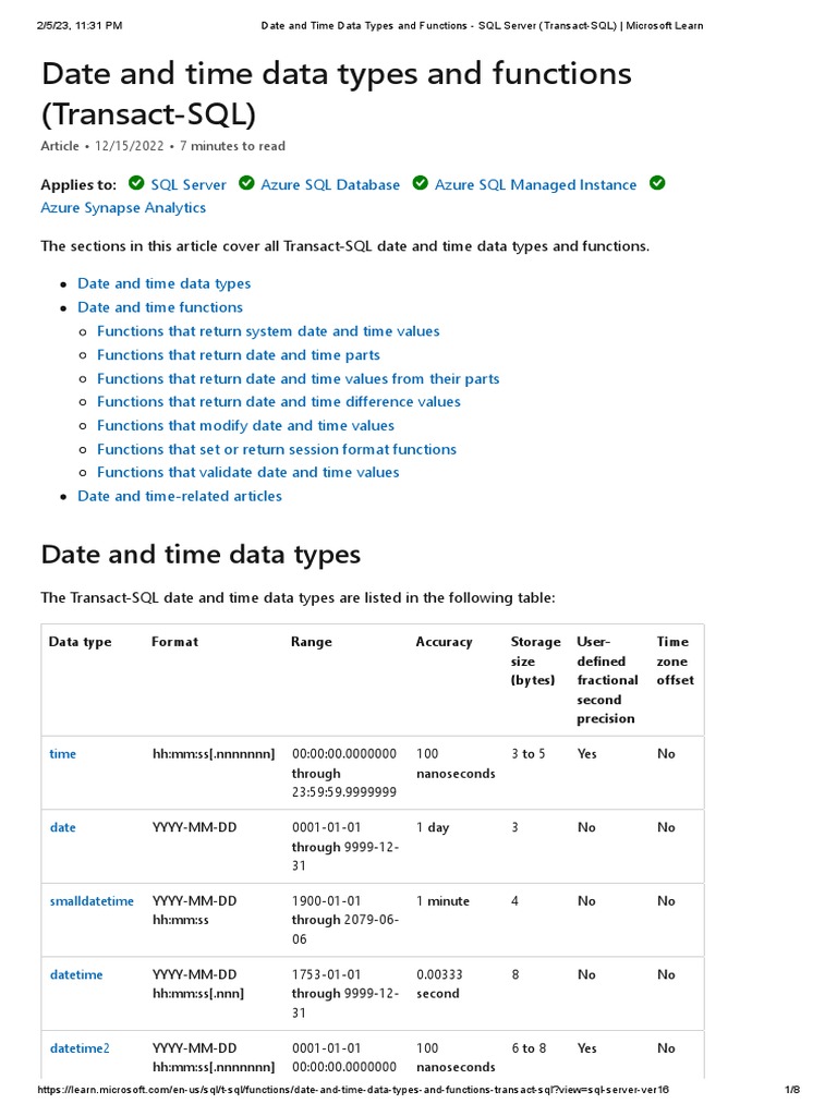 Date And Time Data Types And Functions Sql Server Transact Sql Microsoft Learn Pdf Pdf