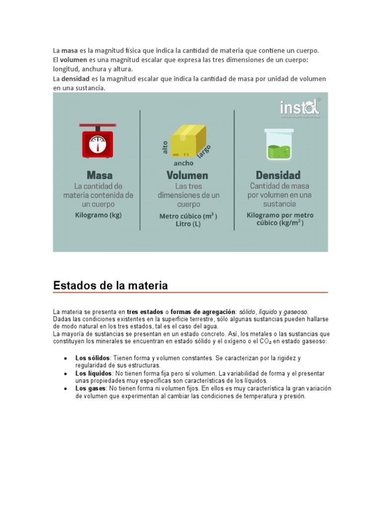Masa Volumen Densidad, Estados de La Materia, Cambios Fisicos y ...