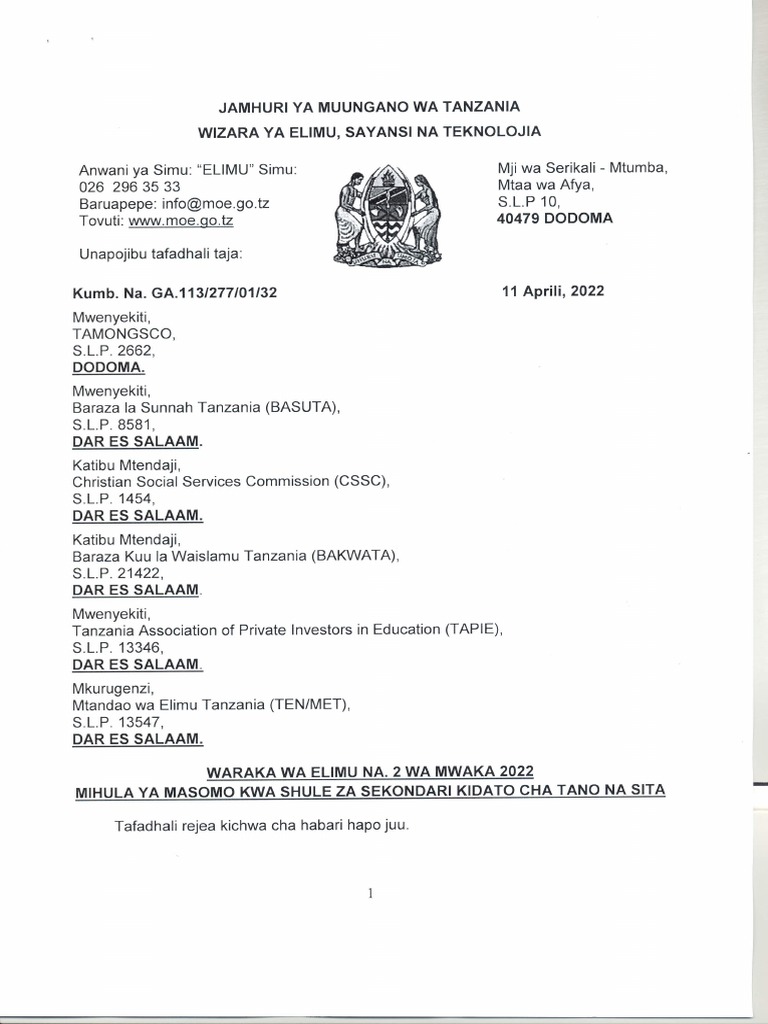 Waraka Wa Elimu Na.2 Wa Mwaka 2022 - Wadau PDF | PDF