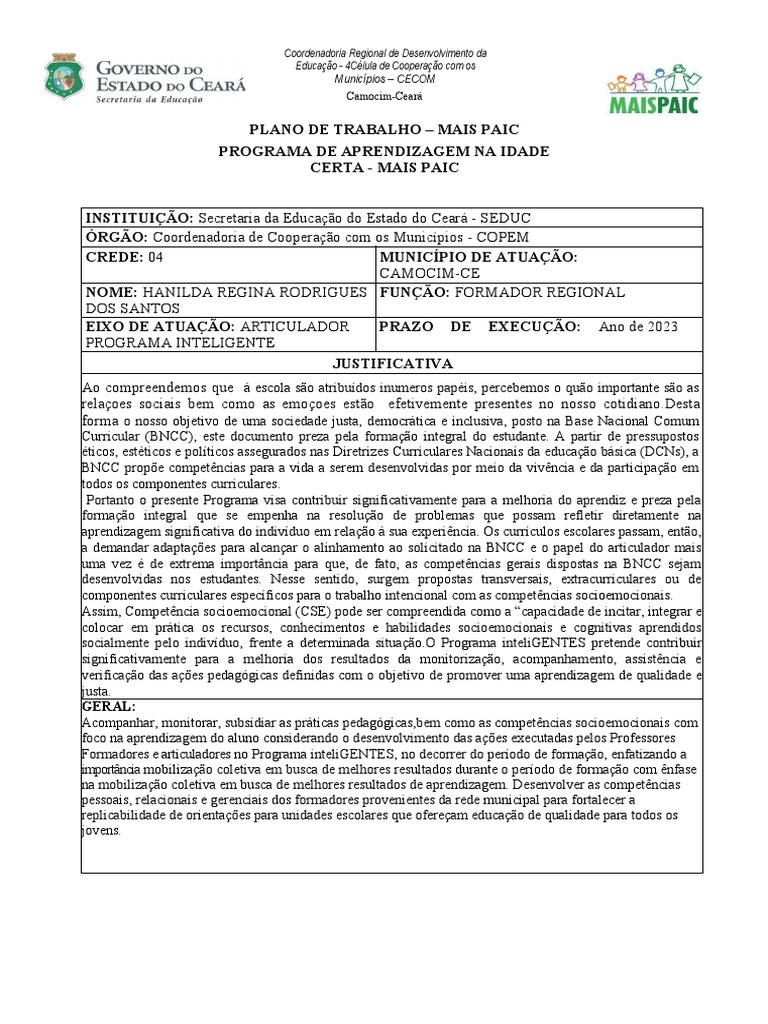 Plano de trabalho para o Programa MAIS PAIC no município de Camocim-CE | PDF | Pedagogia ...