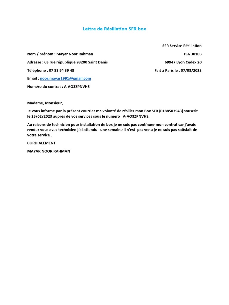 Résiliation Box SFR : Modèle de Lettre | PDF