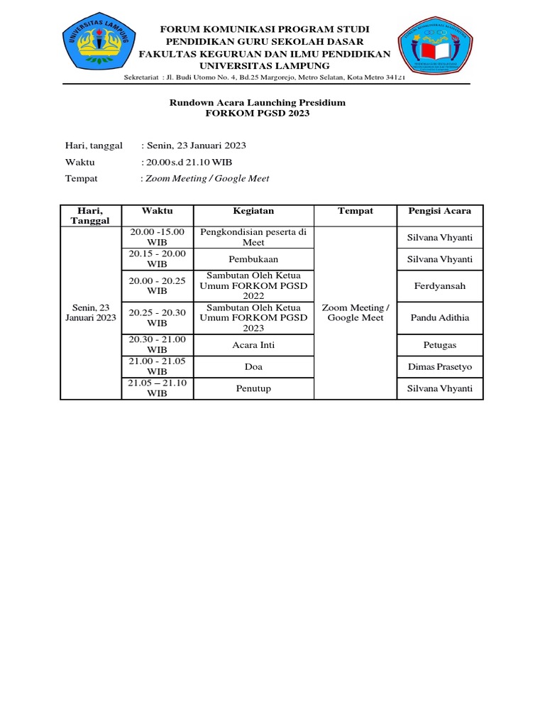 Rundown Acara Launching Presidium 2023 FORKOM PGSD | PDF