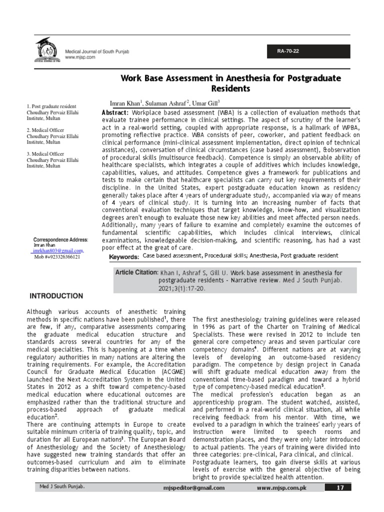 Work Base Assessment in Anesthesia For Postgraduate Residents | PDF | Educational Assessment ...