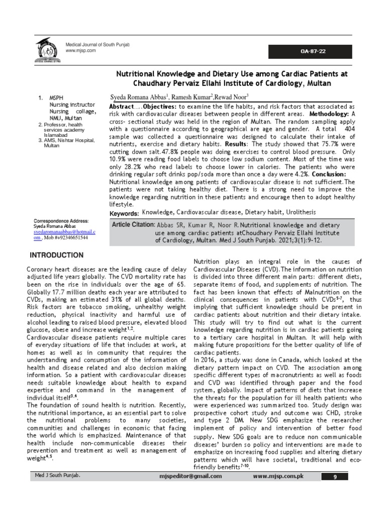 Nutritional Knowledge and Dietary Use Among Cardiac Patients at ...