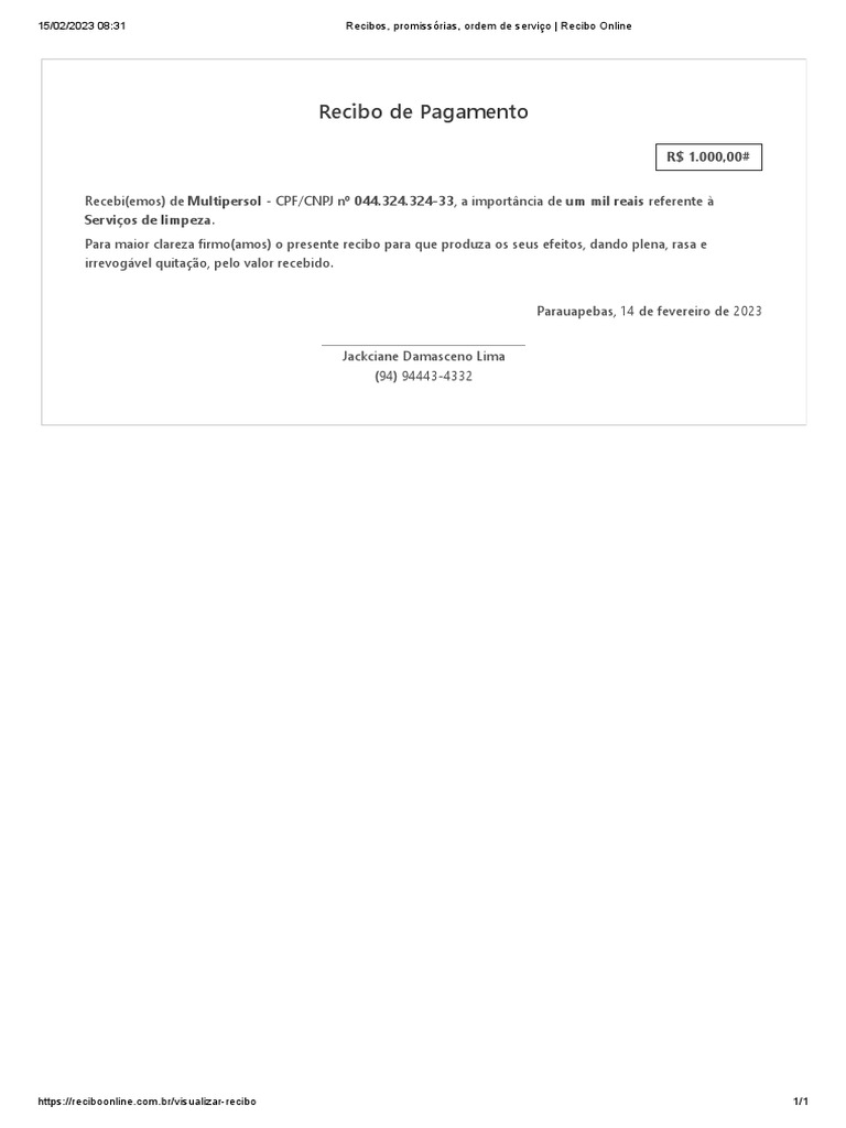 Recibos, Promissórias, Ordem de Serviço - Recibo Online | PDF