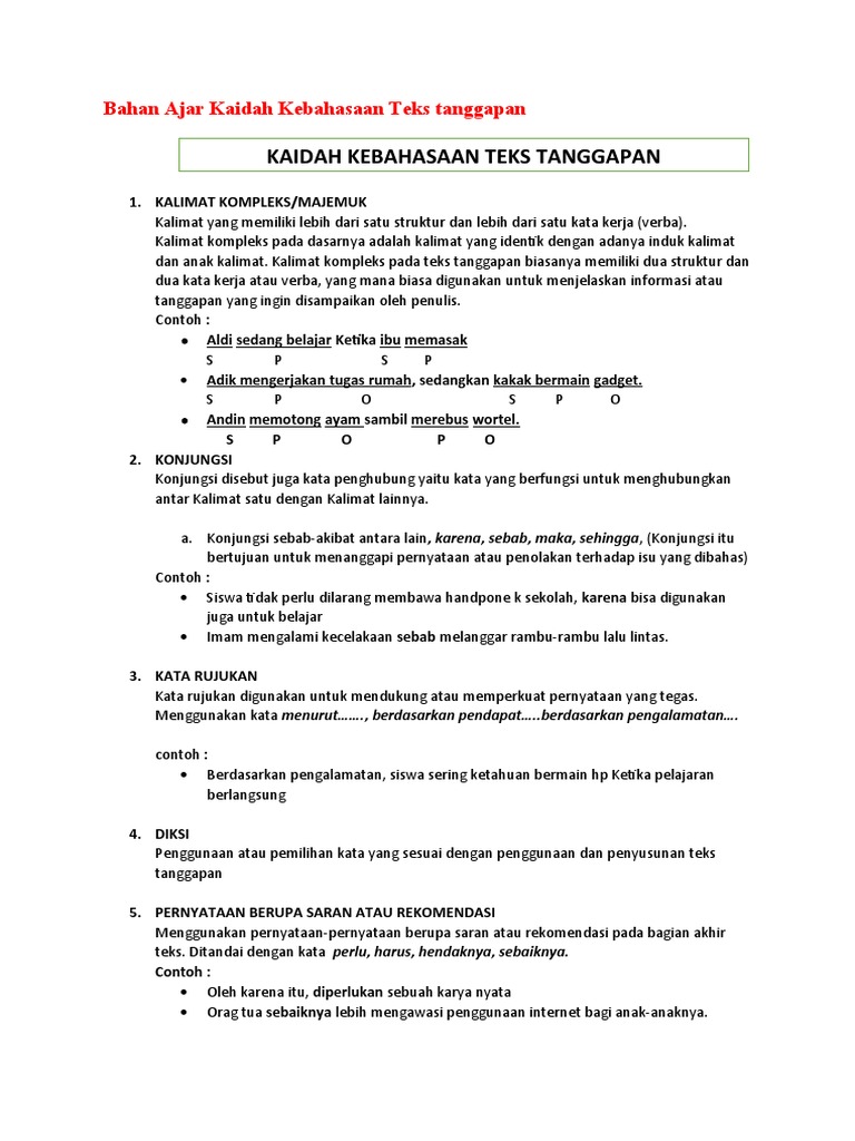 Bahan Ajar Kaidah Kebahasaan Teks Tanggapan | PDF