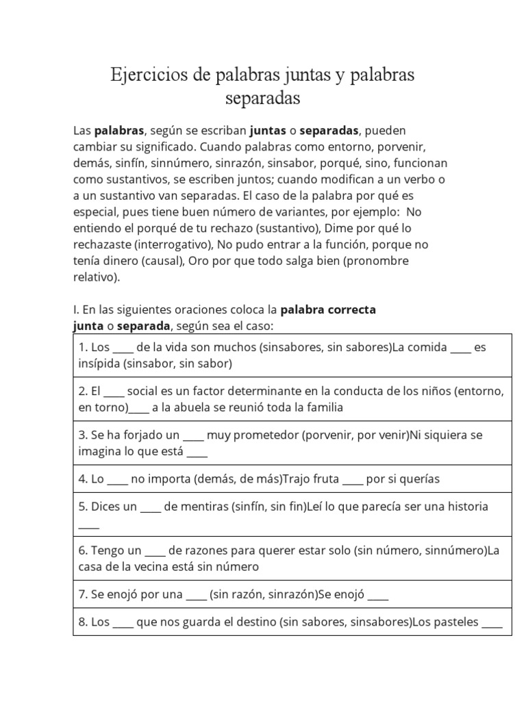 Ejercicios de Palabras Juntas y Palabras Separadas | PDF | Coma ...