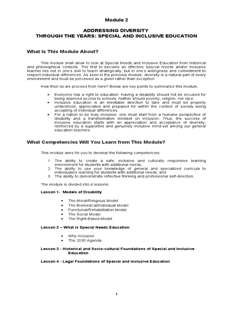 Module 2 Addressing Diversity | PDF | Disability | Inclusion (Education)