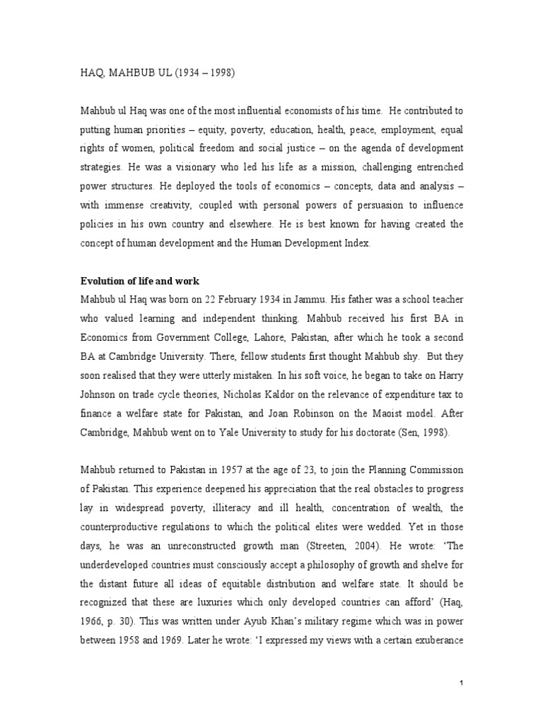 Haq Mahbub Ul FINAL | PDF | Human Development Index | Economies Haq Mahbub Ul FINAL | PDF | Human Development Index | Economies