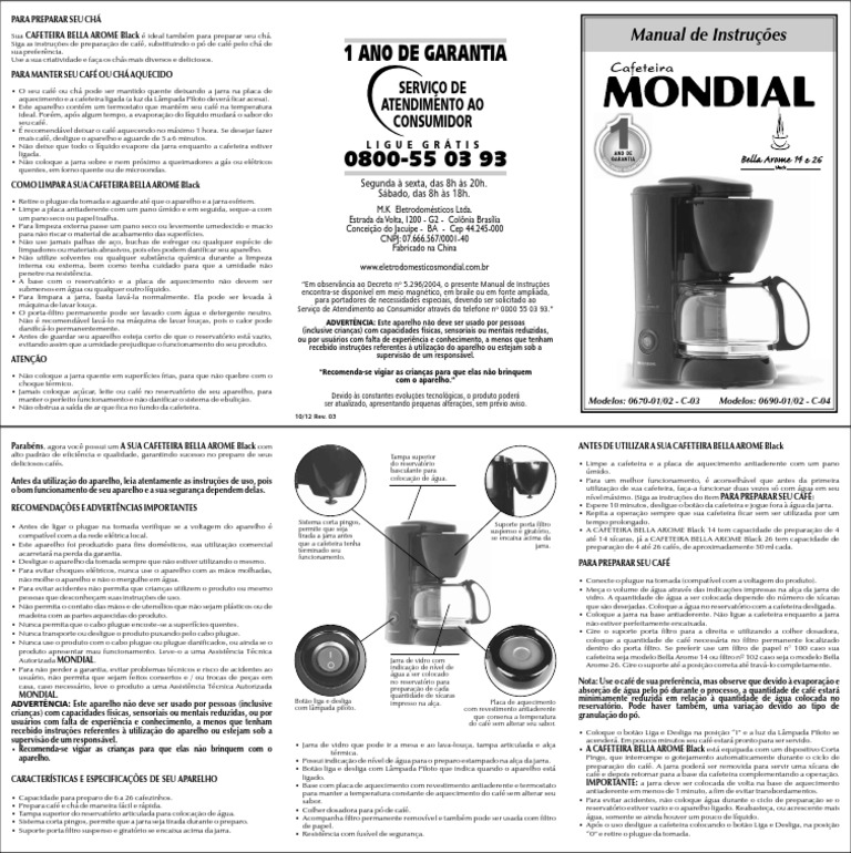 Manual da Cafeteira Bella Arome | PDF | Ciências Físicas