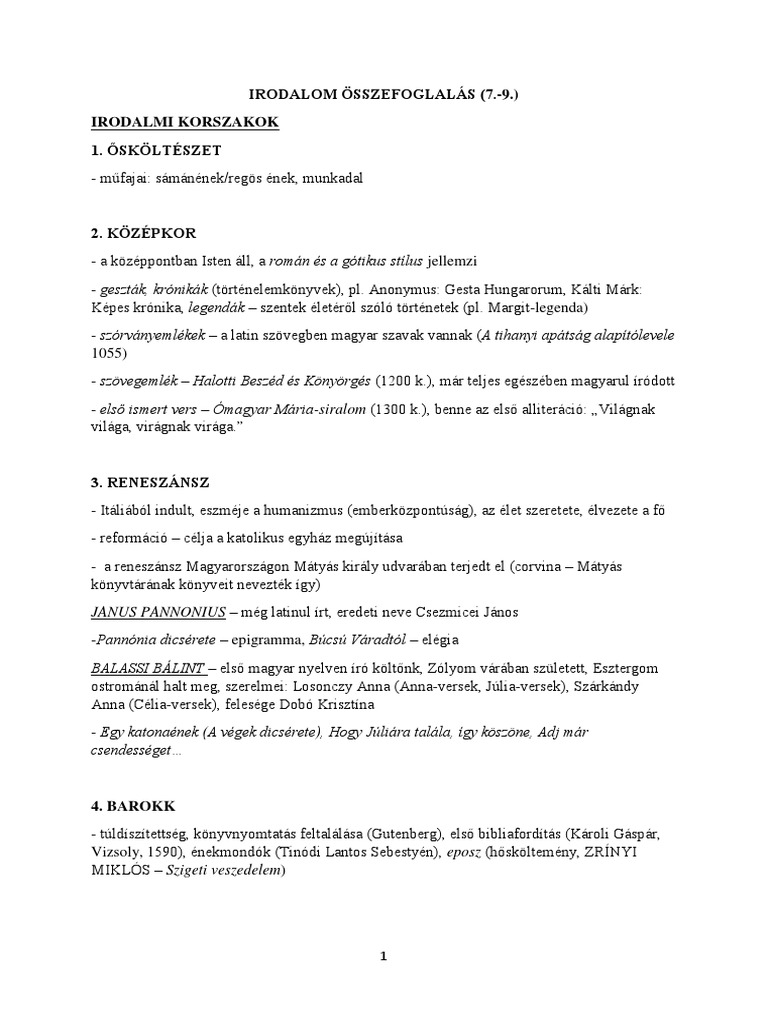 Irodalom Osszefoglalas | PDF