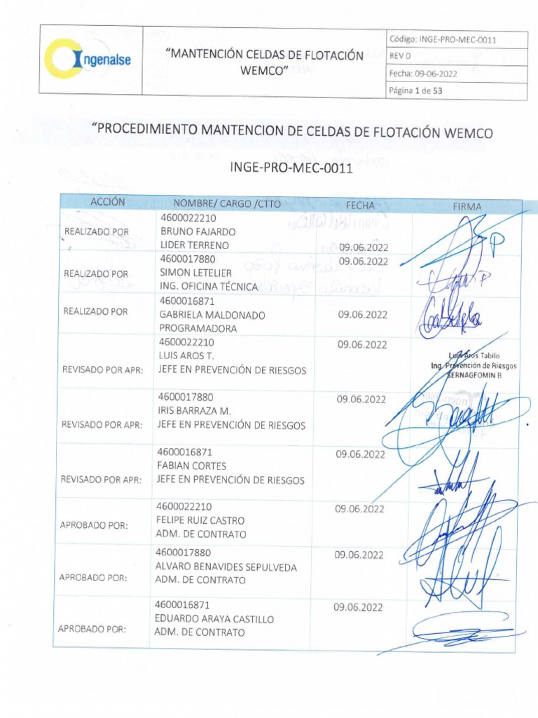 Inge-Pro-Mec-0011 R0 (Mantencion Celdas de Flotacion Wemco) | PDF