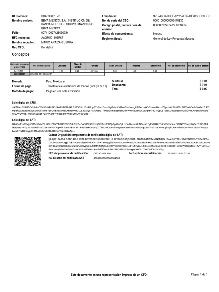 Conceptos: 84121500 1.00 E48 Servicio 0.01 0.01 0.01 Servicios de Facturación | PDF | Dinero