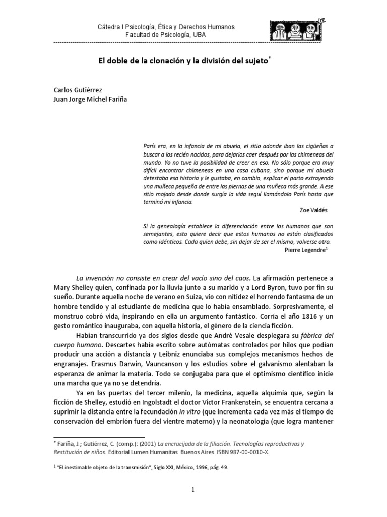Clonación y subjetividad en la ética humana | PDF | Clonación | Jacques ...