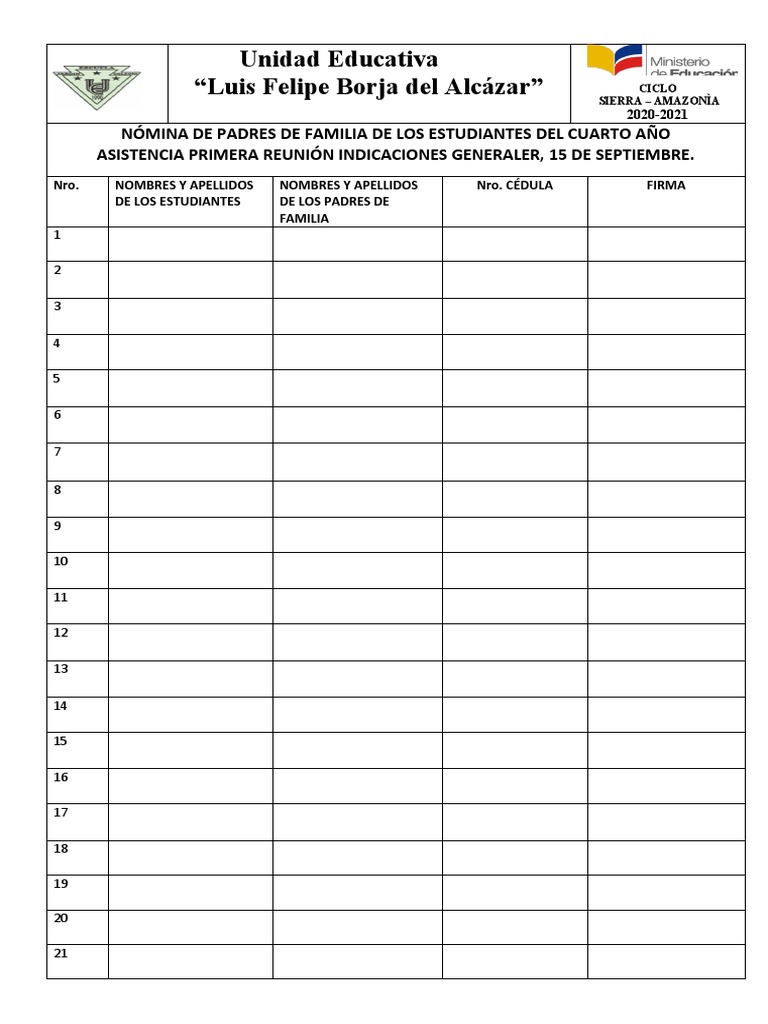 Lista de asistencia de padres de familia para la primera reunión del año escolar en la Unidad ...
