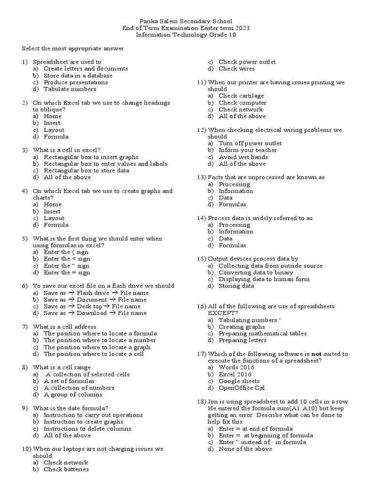 Information Technology Grade 10 Exam | PDF | Spreadsheet | Microsoft Excel