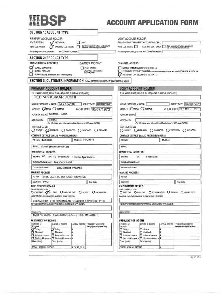 BSP Account Application Form - Deepak Kumar Joshi - 1 PDF | PDF