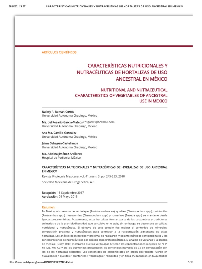 Características Nutricionales Y Nutracéuticas De Hortalizas De Uso