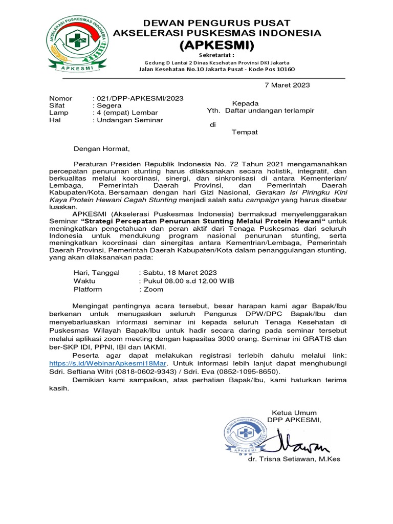 Undangan Peserta Seminar Daring (DPW DPC APKESMI) PDF | PDF