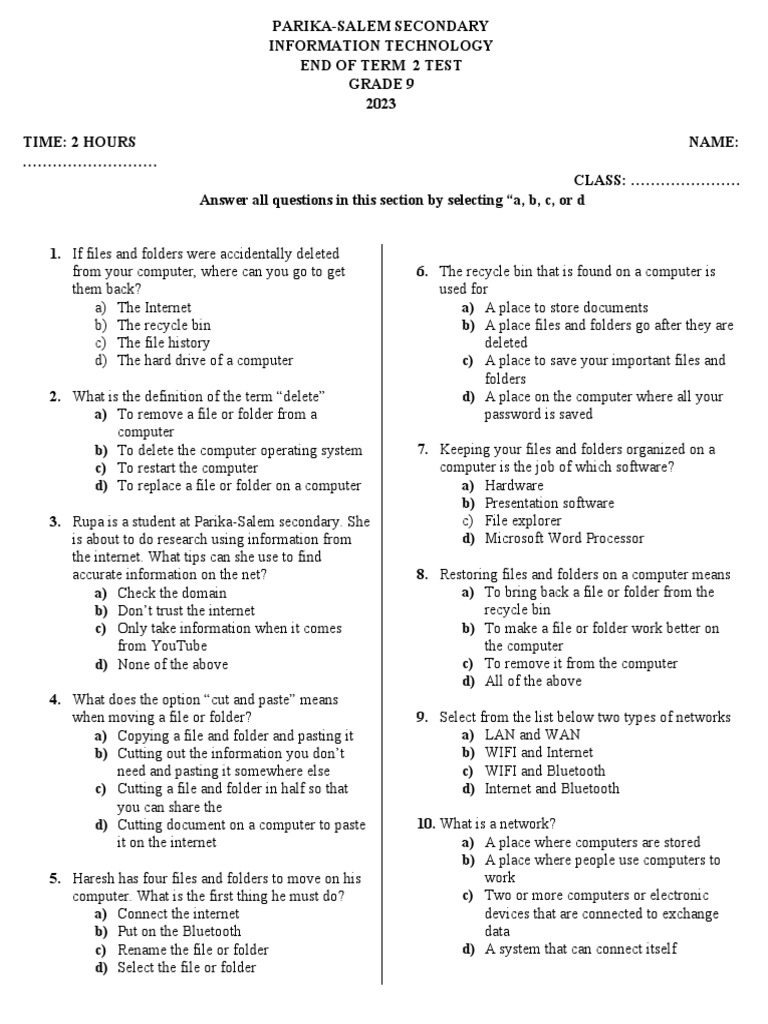 Grade 9 Term 2 IT Test Paper | PDF | Computer File | Computer Network