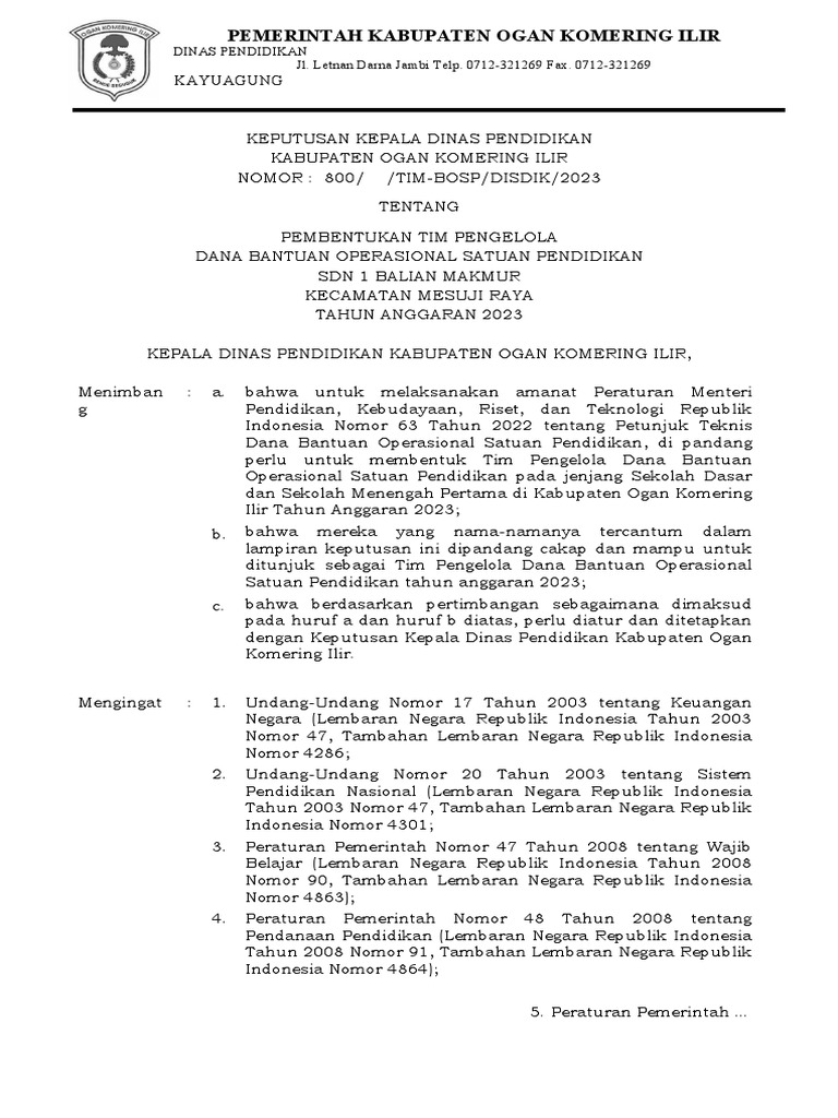 SDN 1 Balian Makmur - SK Tim Pengelola Dana Bosp Tahun 2023 | PDF