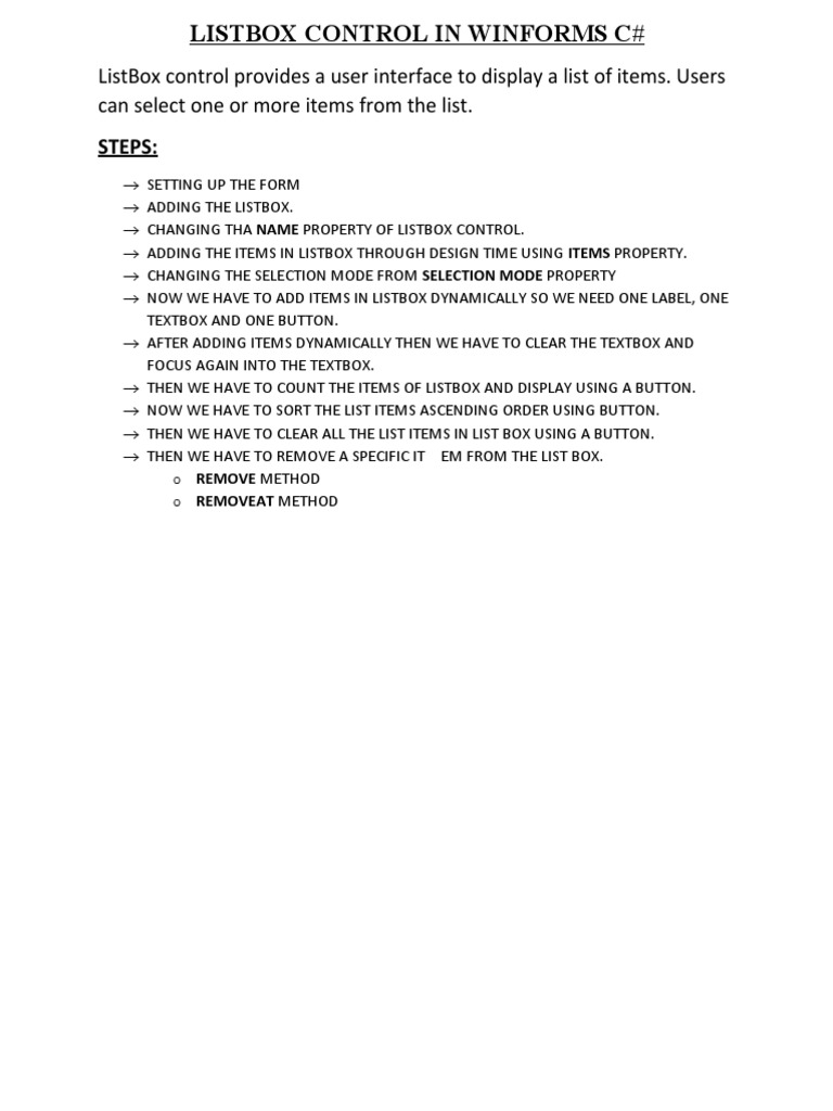 1 Listbox Control In Winforms C Pdf 